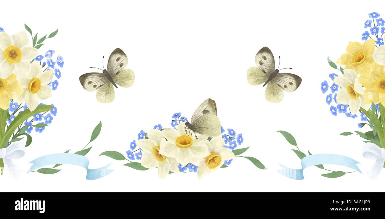 Seamless border with flowers of blue forget-me-nots, yellow and white ...