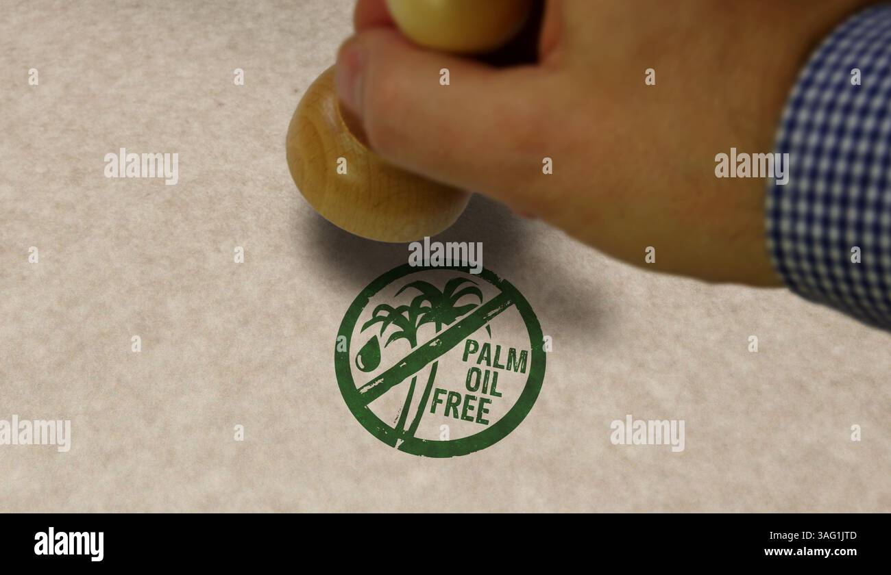 Palm oil free stamp and stamping hand. Healthy nutrition concept Stock ...