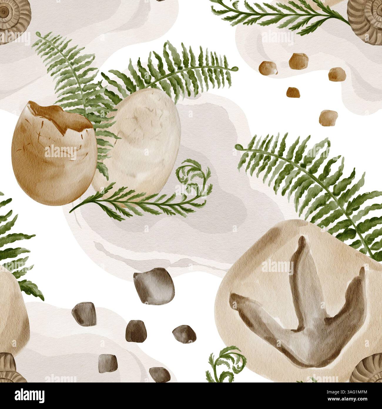 Seamless pattern with eggs. Fossils and plants. Dinosaur footprint on ...