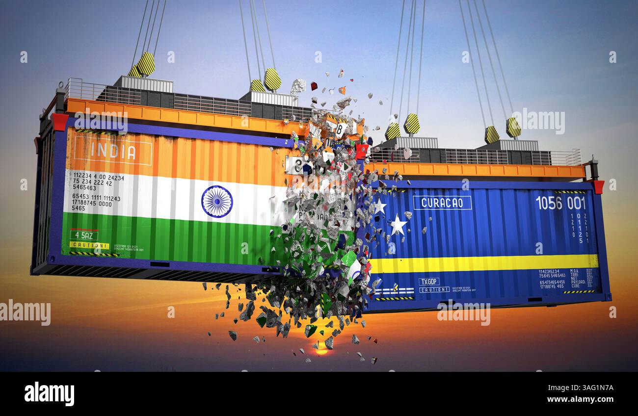 Cargo containers with flags of India and Curacao - 3D illustration ...