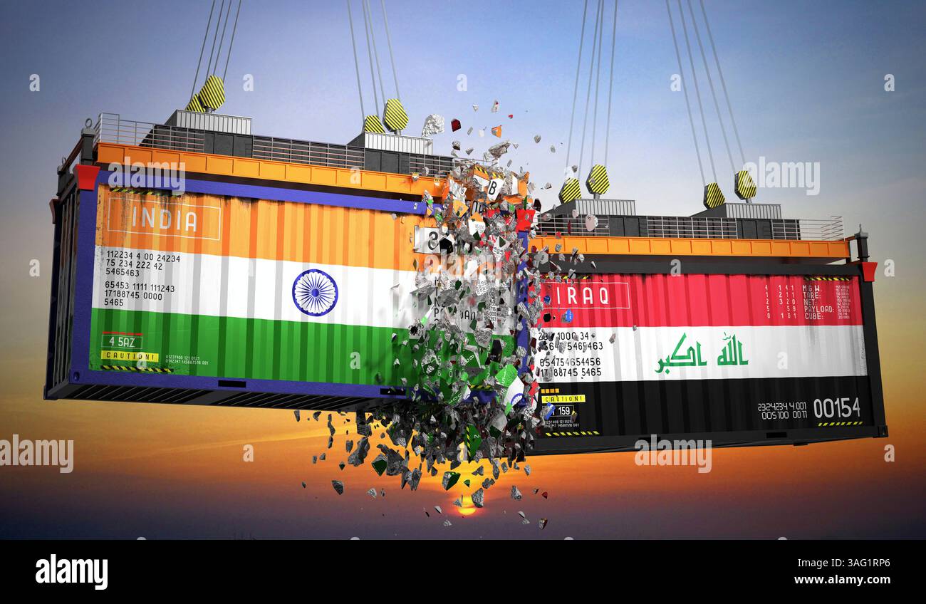 Cargo containers with flags of India and Iraq - 3D illustration Stock ...