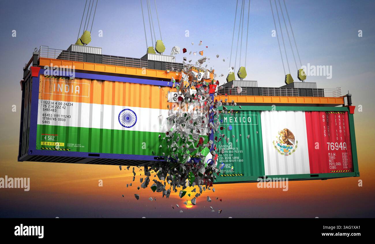 Cargo containers with flags of India and Mexico - 3D illustration Stock ...