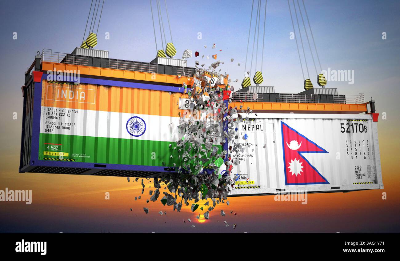 Cargo containers with flags of India and Nepal - 3D illustration Stock ...