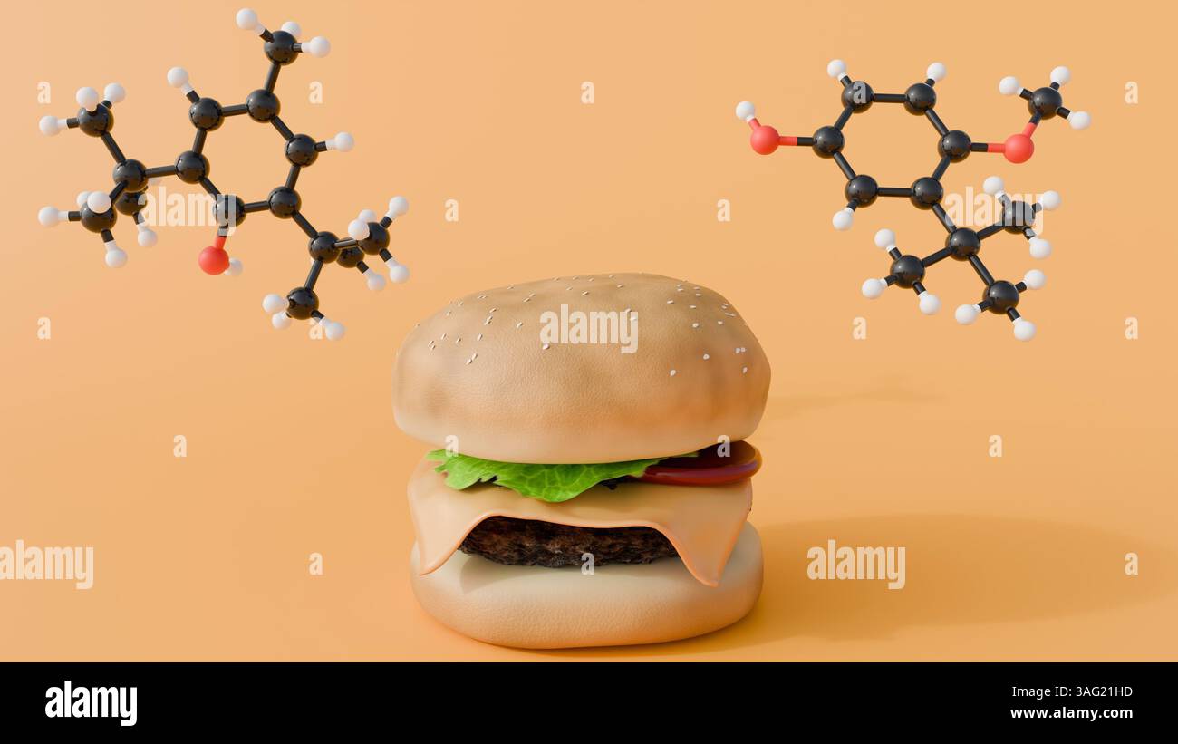 A 3d rendering of hamburger with molecular structure of molecules ...