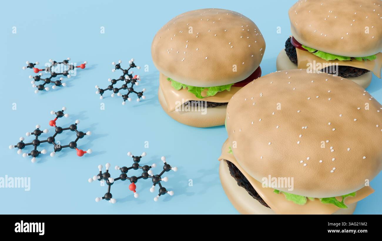 A 3d rendering of hamburger with molecular structure of molecules ...