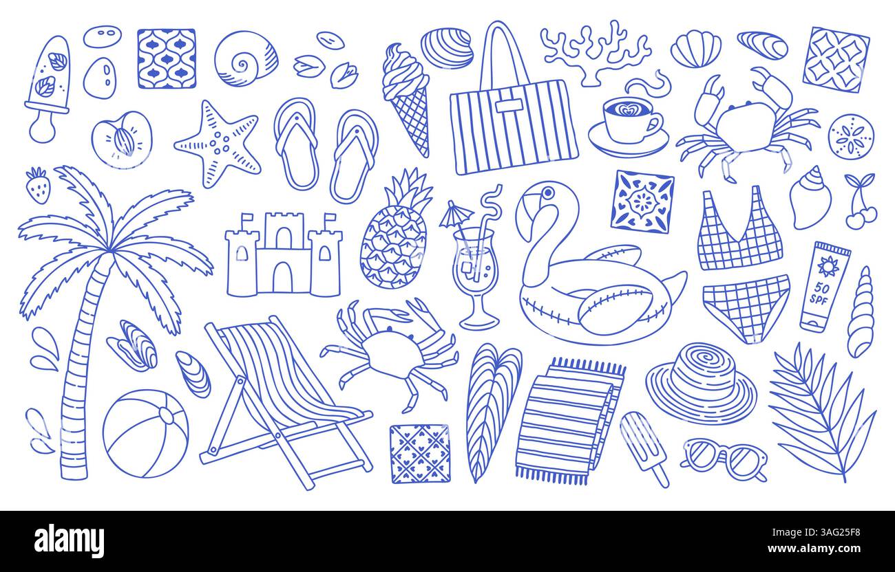 Mediterranean blue summer set. Hand drawn vintage doodle drawing ...