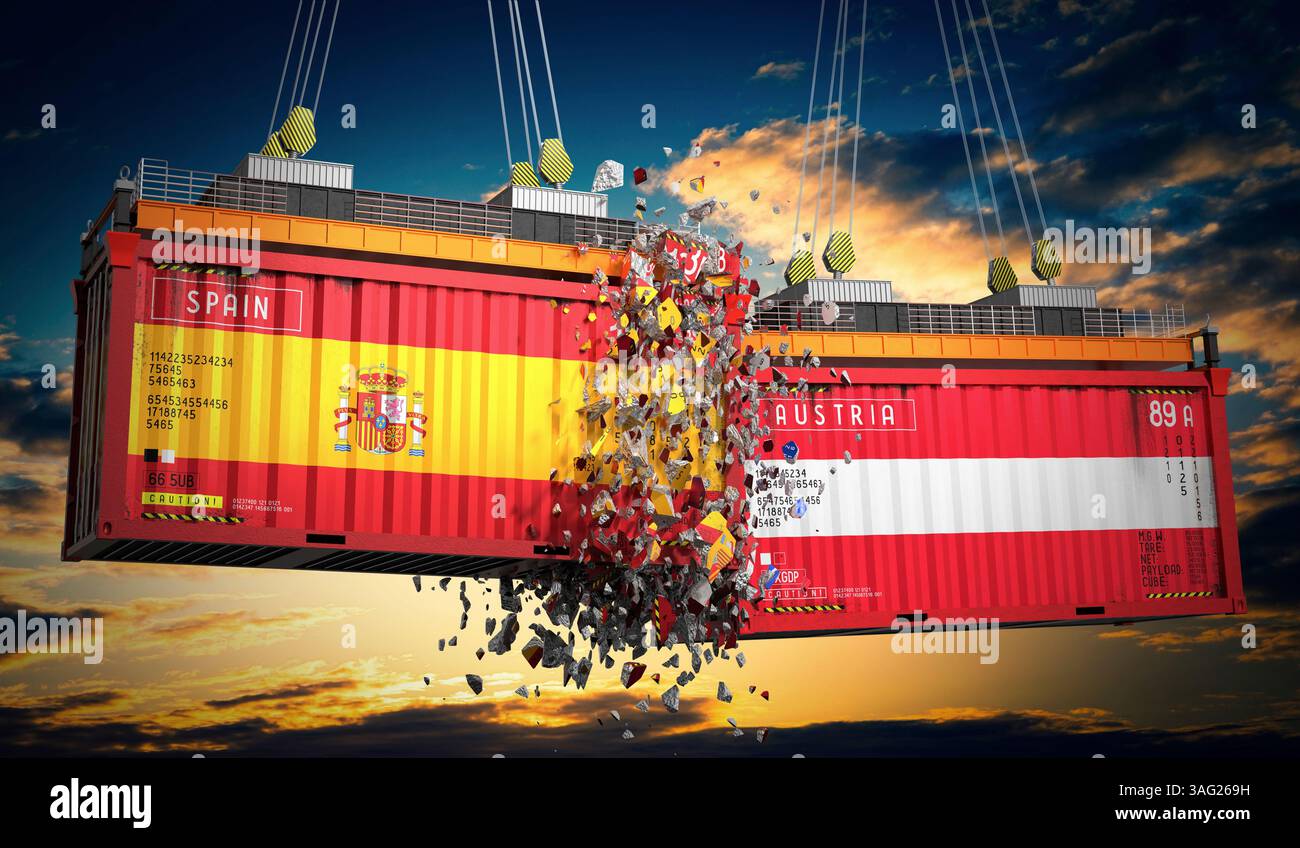 Cargo containers with flags of Spain and Austria - 3D illustration ...