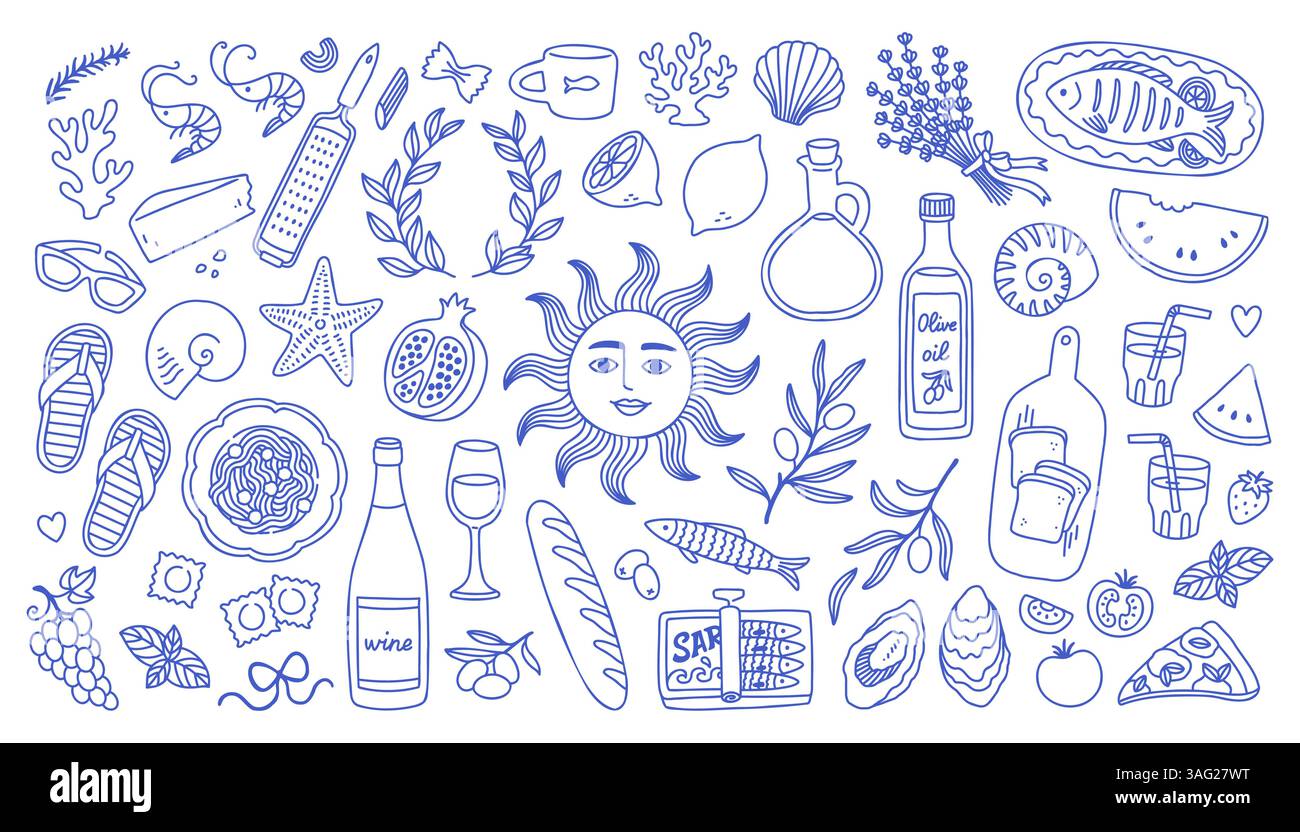 Mediterranean blue summer set. Hand drawn vintage doodle drawing ...