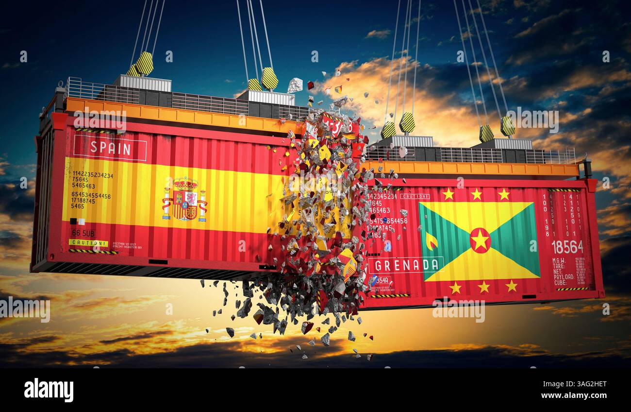 Cargo containers with flags of Spain and Grenada - 3D illustration ...