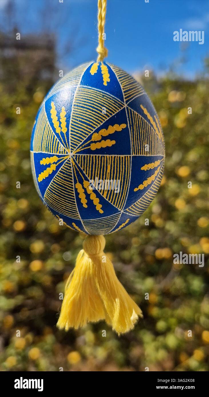 Decorated Ukrainian pysanka in yellow and blue hangs from a string ...