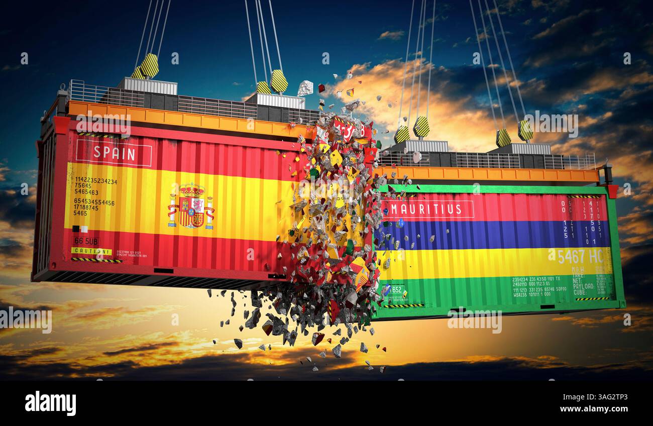 Cargo containers with flags of Spain and Mauritius - 3D illustration ...