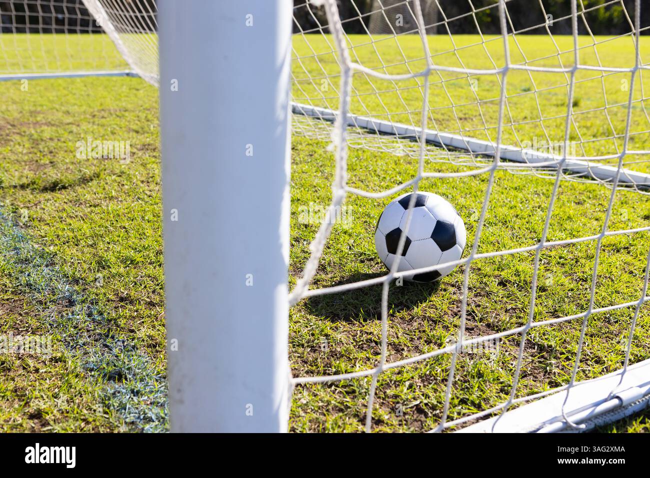 Soccer ball in goal on school field, resting on grass Stock Photo - Alamy