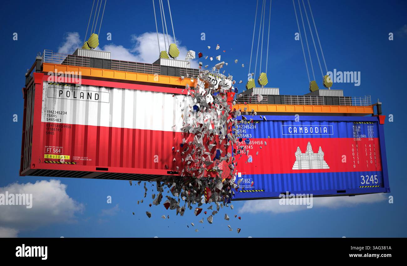 Cargo containers with flags of Poland and Cambodia - 3D illustration ...