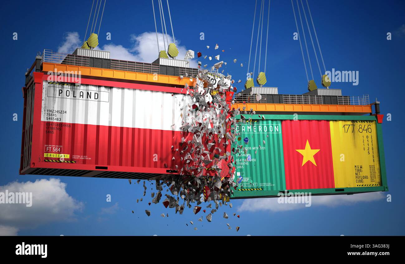 Cargo containers with flags of Poland and Cameroon - 3D illustration ...