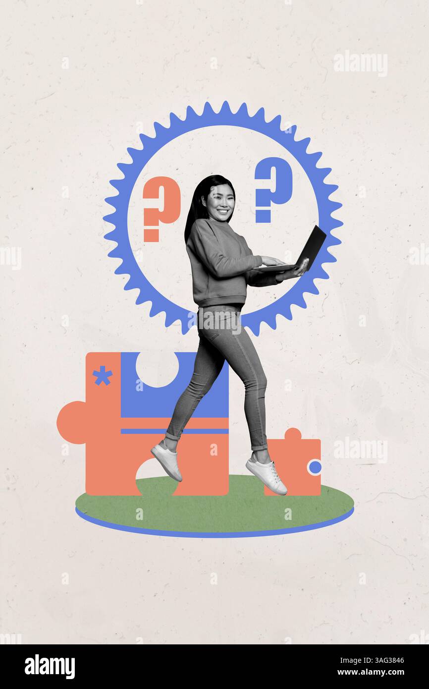 Picture collage of person having cog wheel puzzle image on pastel color ...