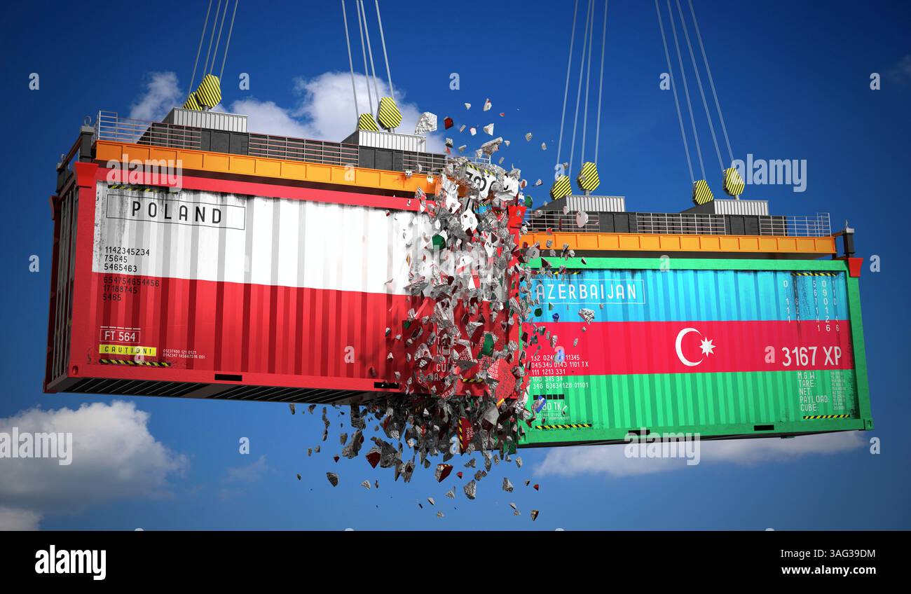 Cargo containers with flags of Poland and Azerbaijan - 3D illustration ...