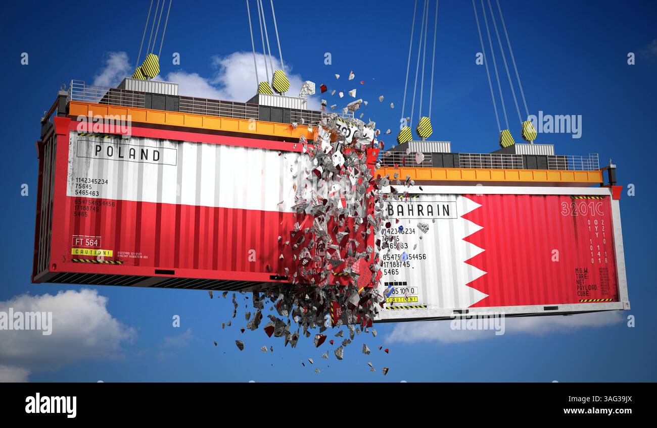 Cargo containers with flags of Poland and Bahrain - 3D illustration ...