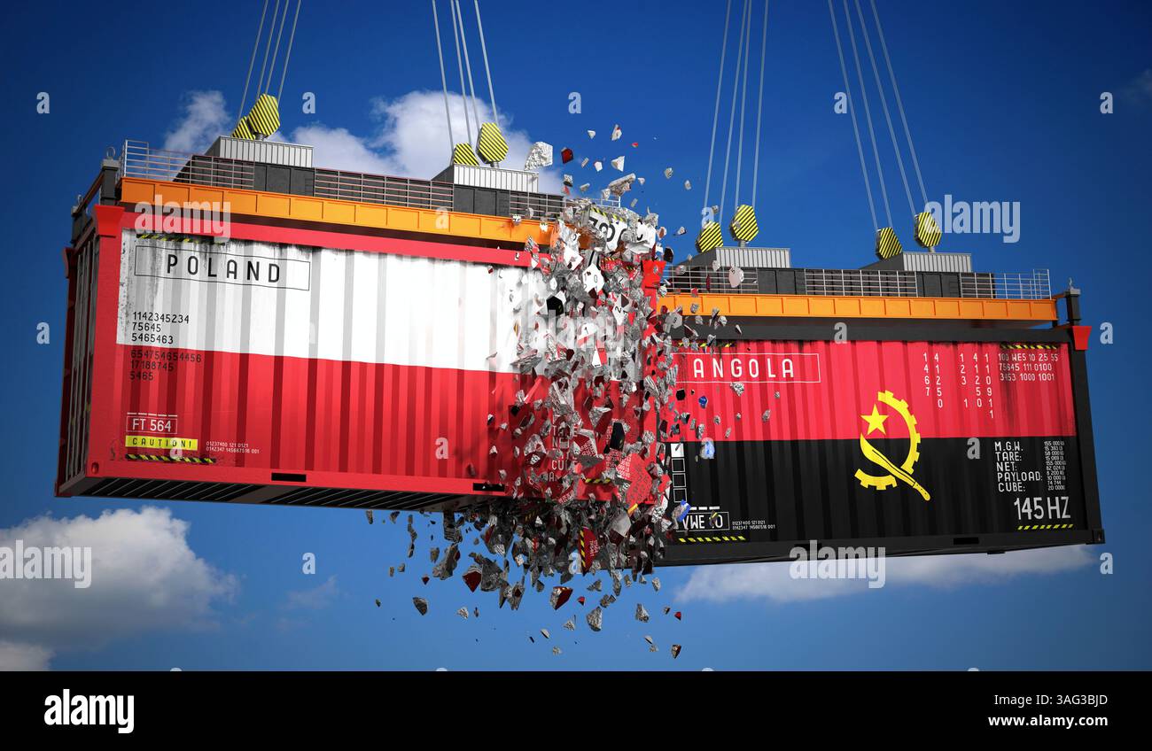 Cargo containers with flags of Poland and Angola - 3D illustration ...