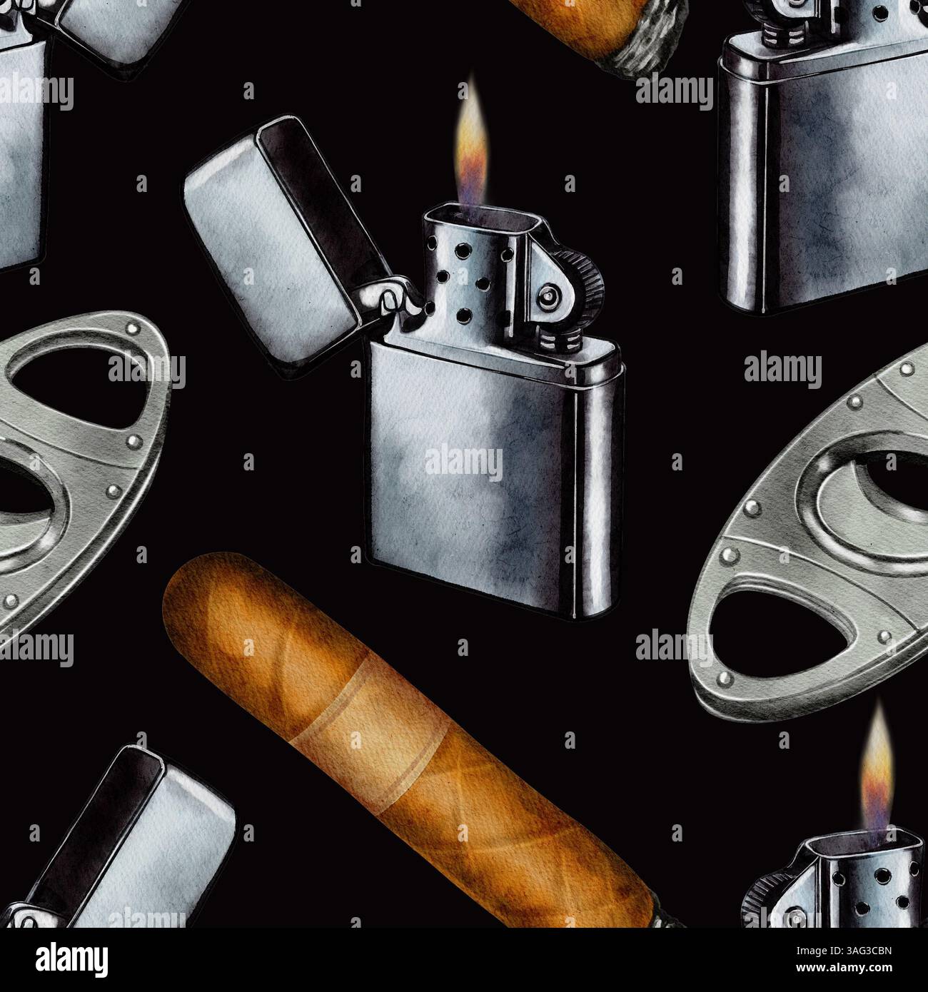 Hand-painted seamless watercolor pattern featuring classic metal ...