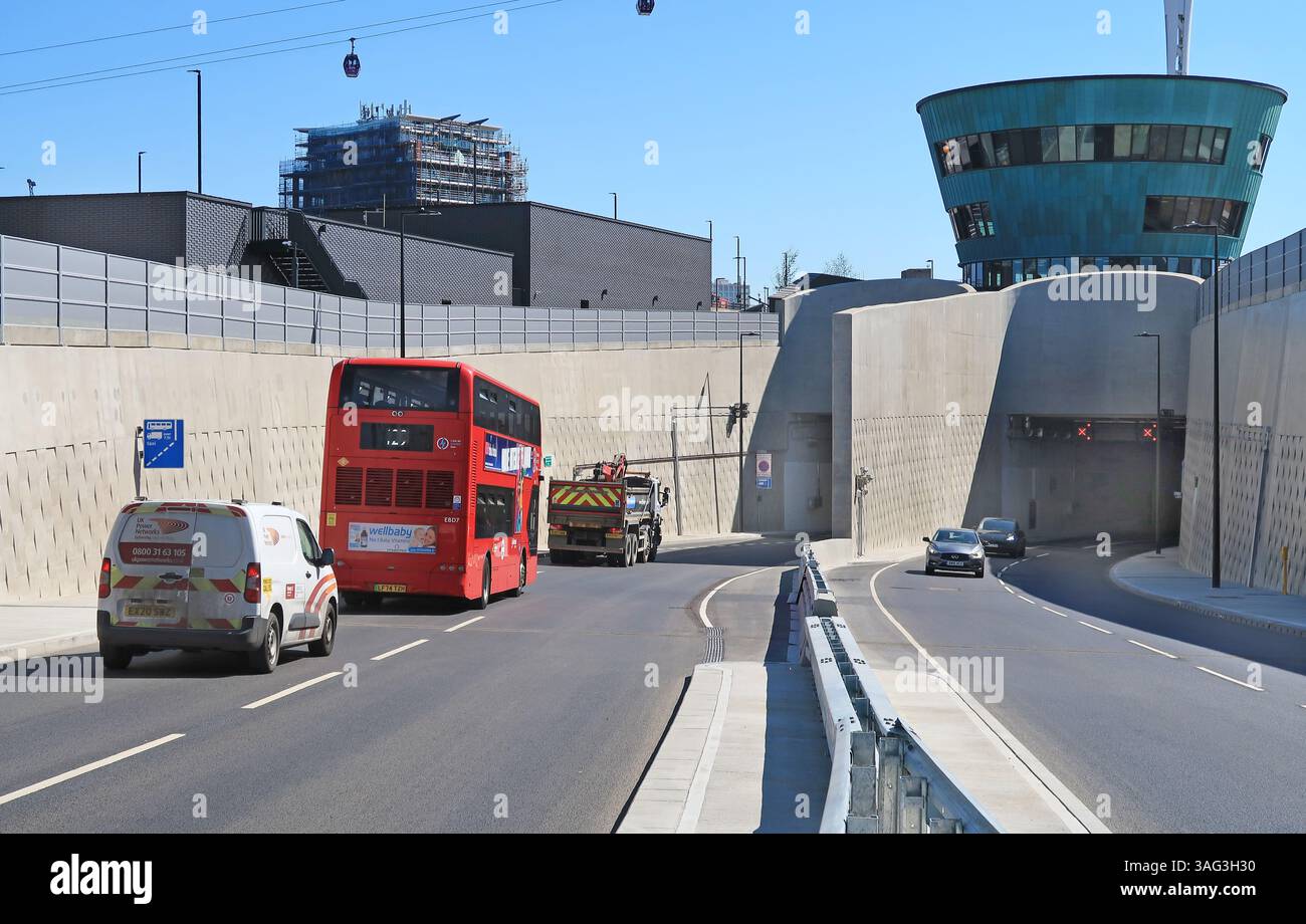 A southbound bus enters the new Silvertown Tunnel, London, UK. Shows ...