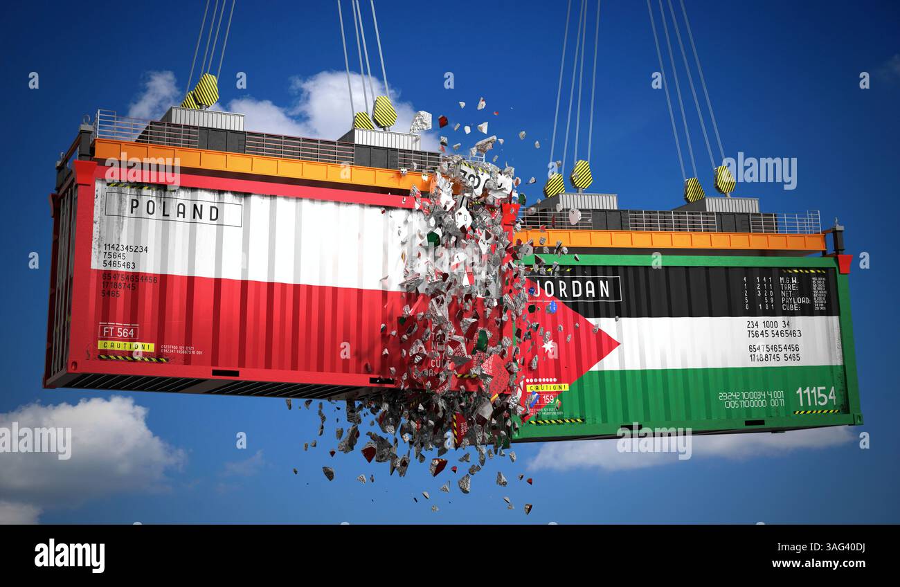 Cargo containers with flags of Poland and Jordan - 3D illustration ...