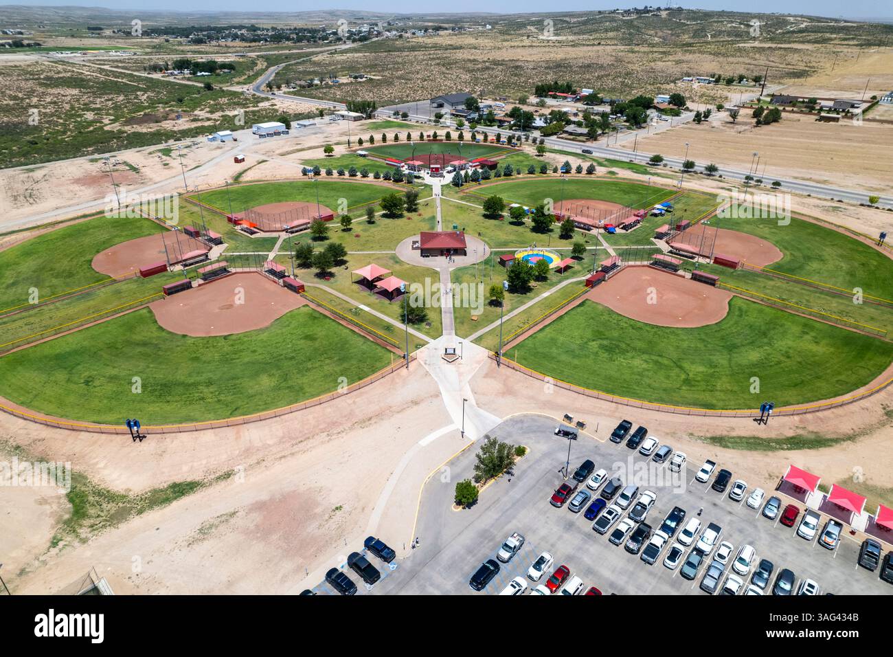 Aerial view of softball fields and recreational areas surrounded by ...