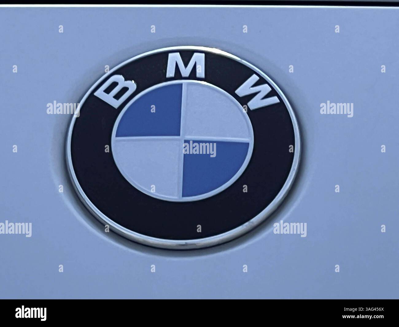 Das BMW blau weisse Logo Firmenlogo Buchstaben an der Motorhaube eines ...