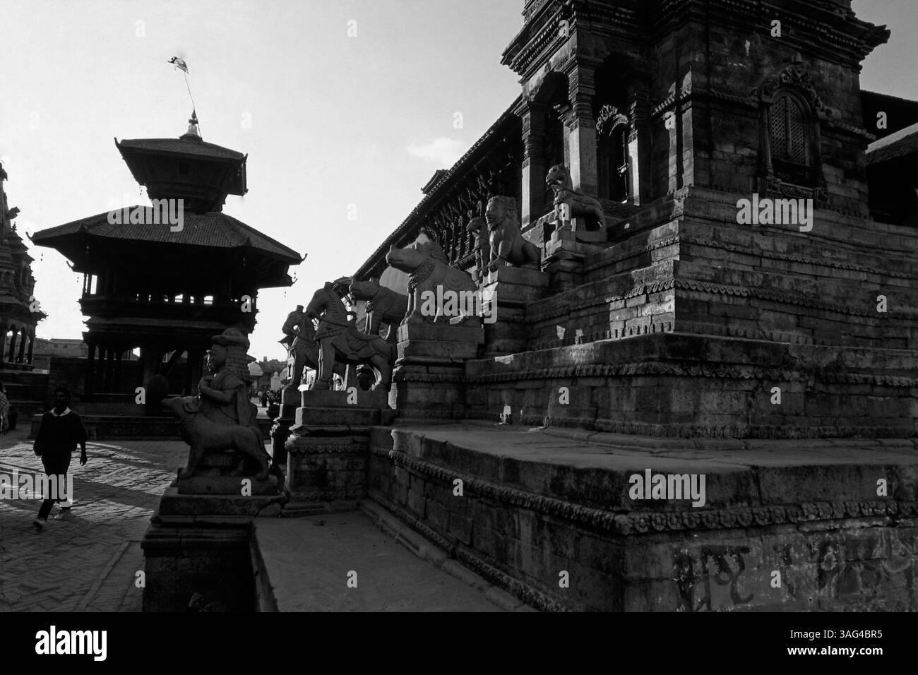 Black and white photo of temple from Darbar square and various animals ...