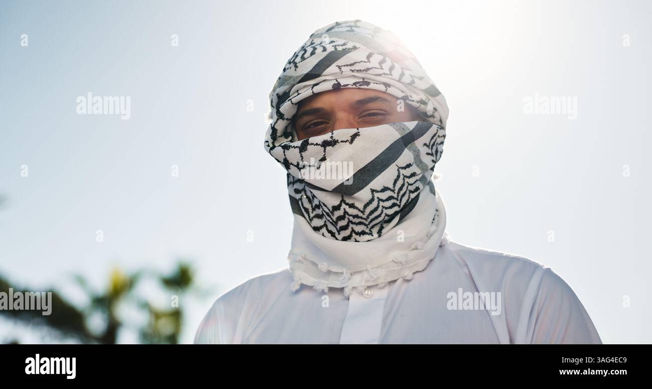 Portrait, Muslim and man with religion, outdoor and covering face with ...
