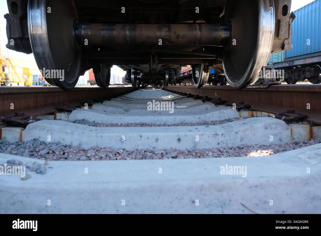 Metal structures for transporting goods on the railway track. Rails and ...