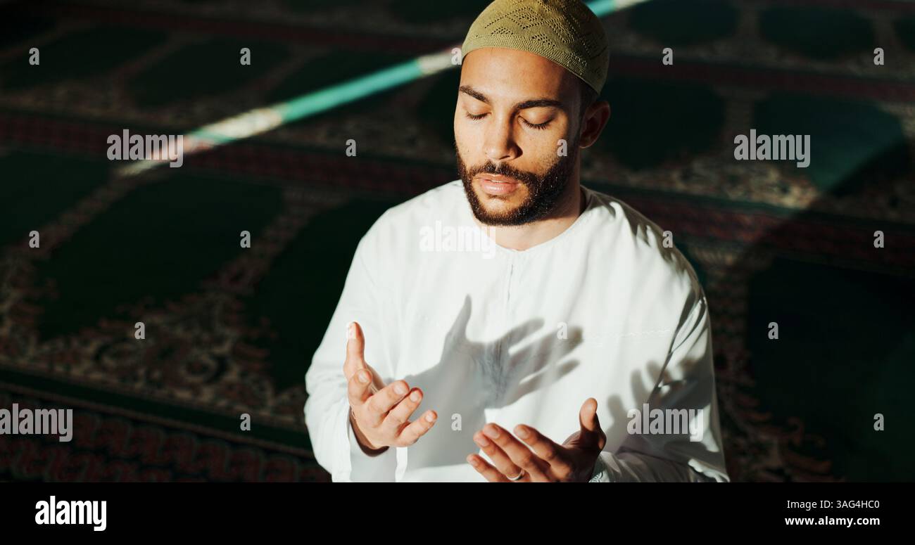 Muslim, man and hands in mosque for prayer, worship and gratitude to ...