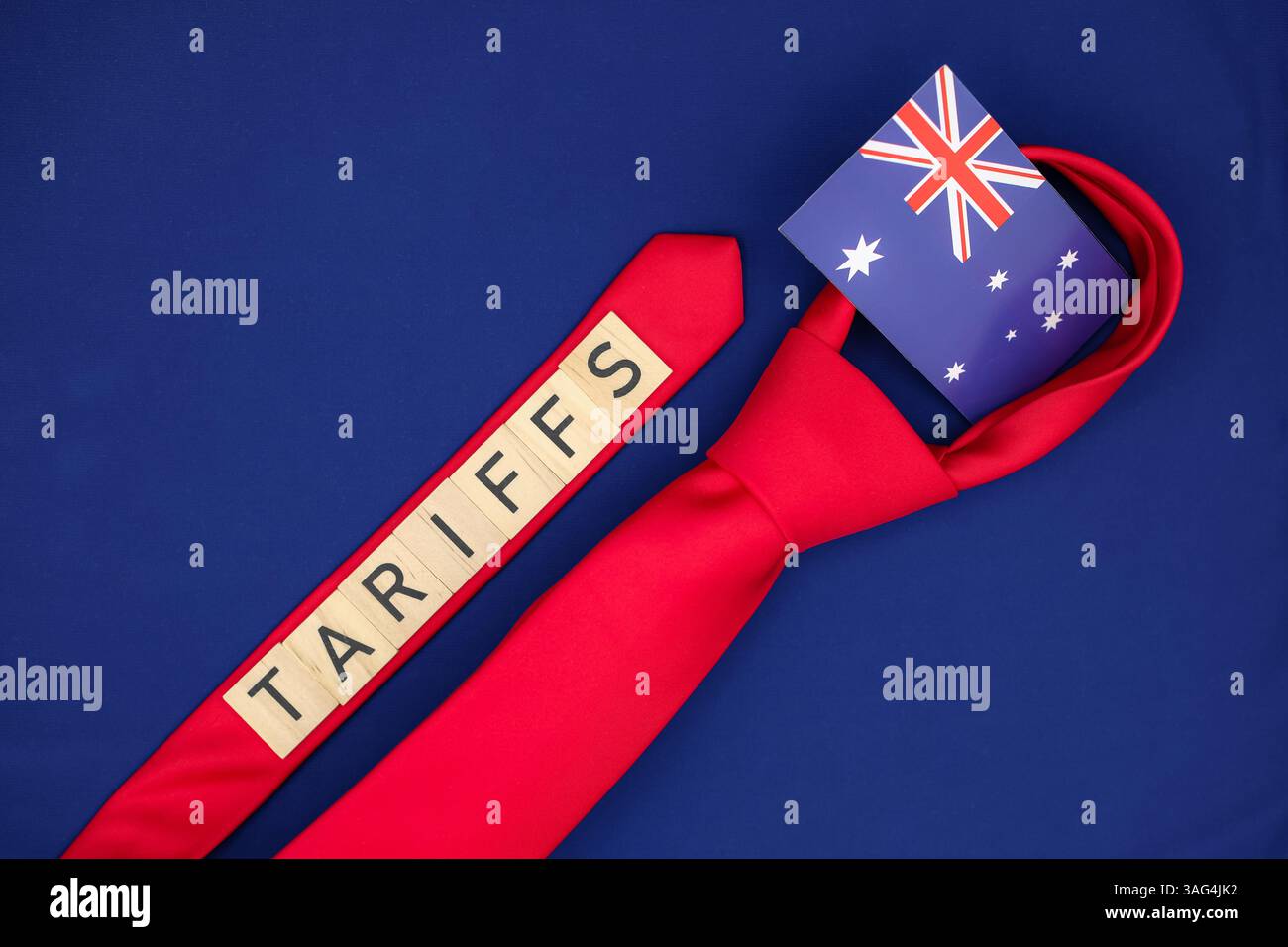 Symbolic Australian Flag is in the Loop of a Red Tie. "Tariffs " Word ...