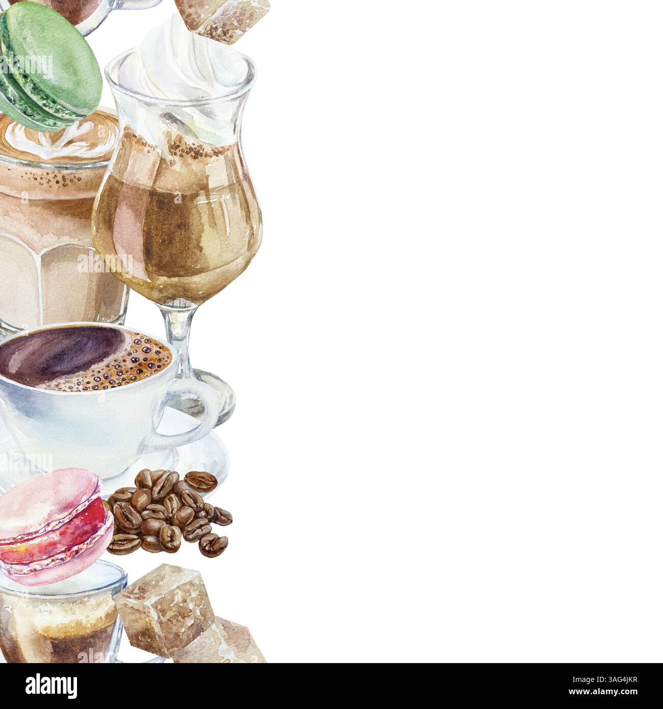 Coffee drinks, roasted beans, sugar cubes, seamless border vertical ...