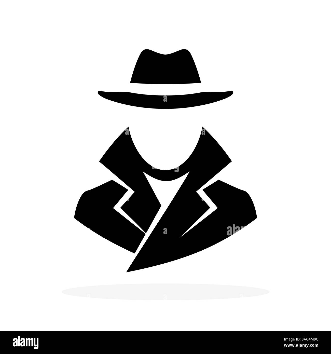 Detective with hidden face icon. Black figure in hat isolated on white ...