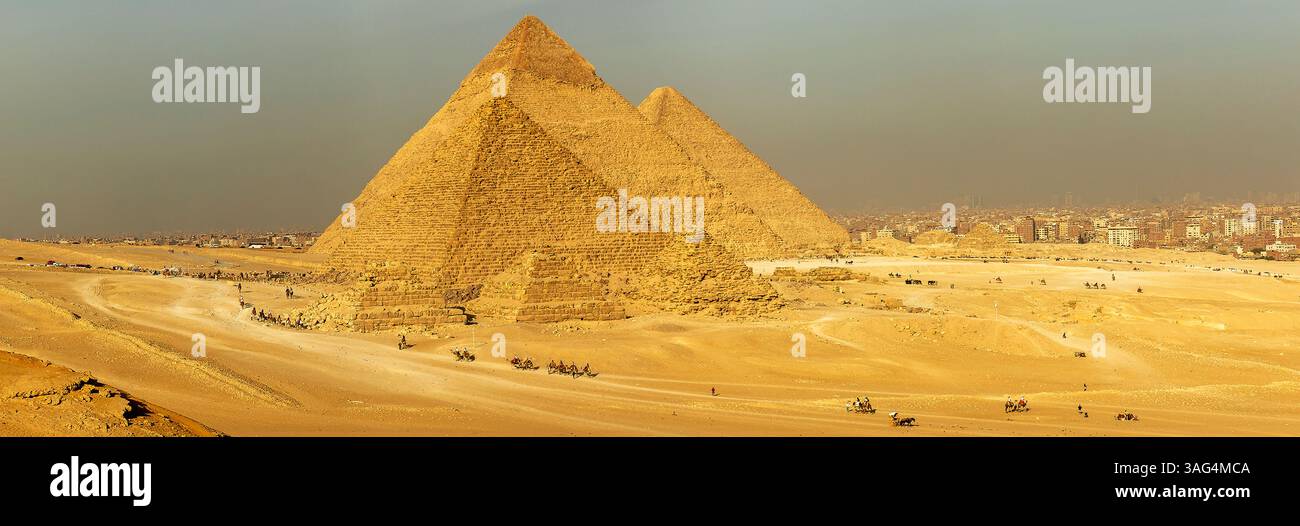 Showcase the iconic Giza Pyramids with this panoramic view, a testament ...