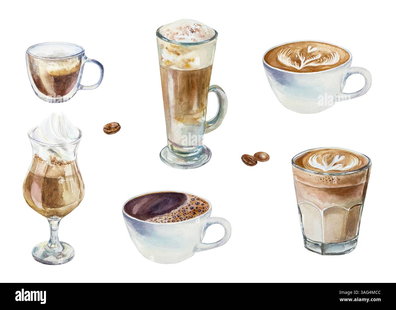 Coffee drinks set. Espresso, cappuccino, americano, latte, mochaccino ...