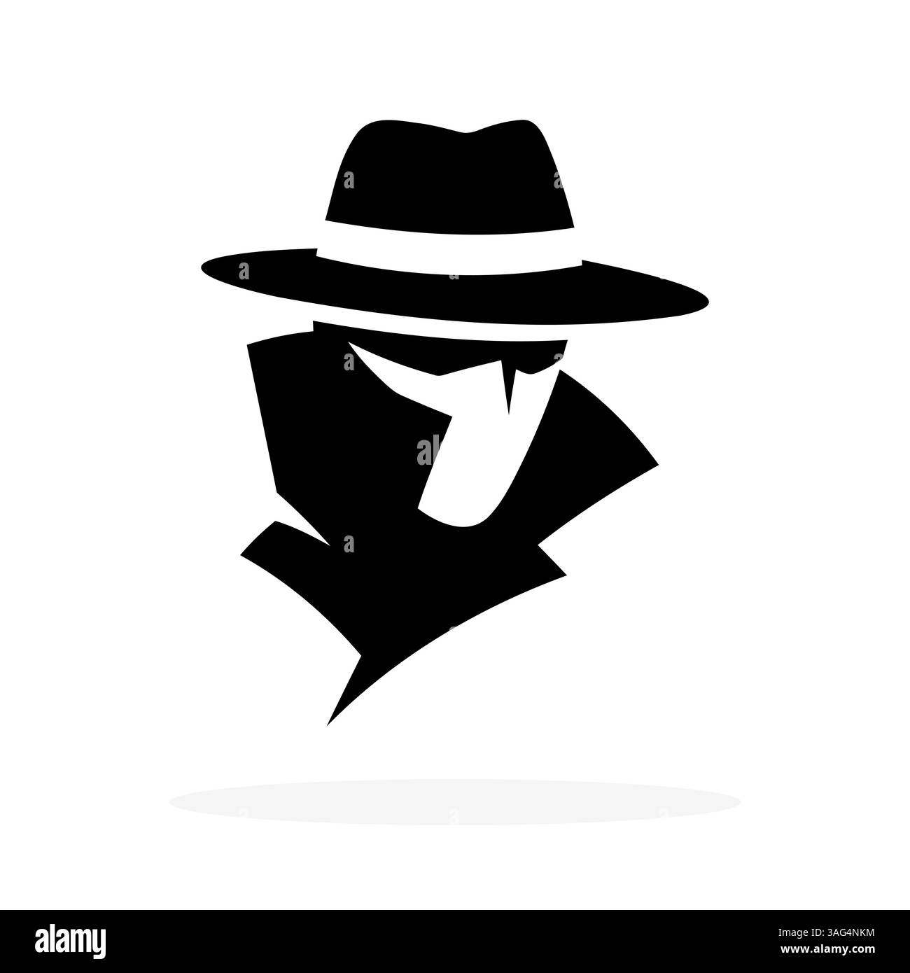 Detective with hidden face icon. Black figure in hat isolated on white ...