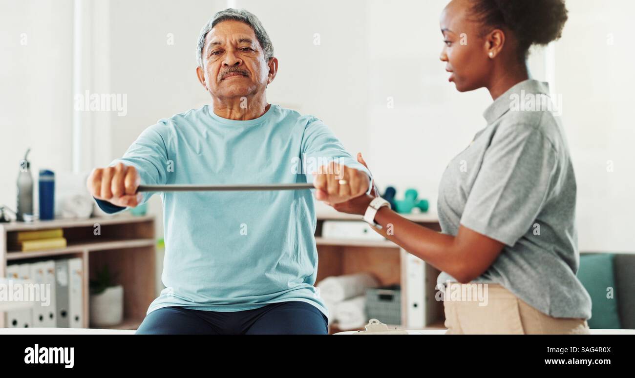 Resistance band, physical therapy and senior man in clinic for ...