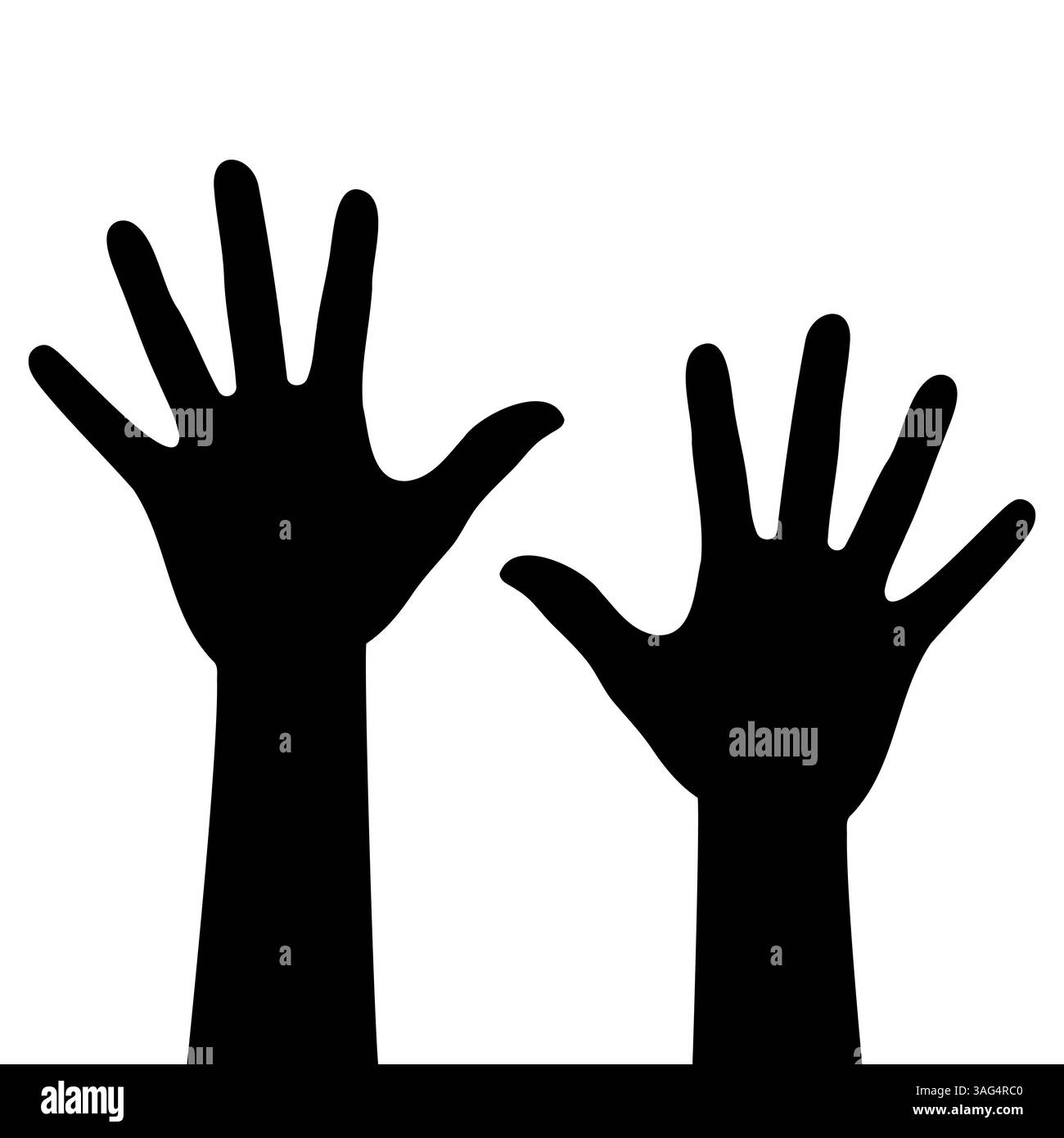 Raised hands icon. Black silhouettes of two raised hands isolated on ...