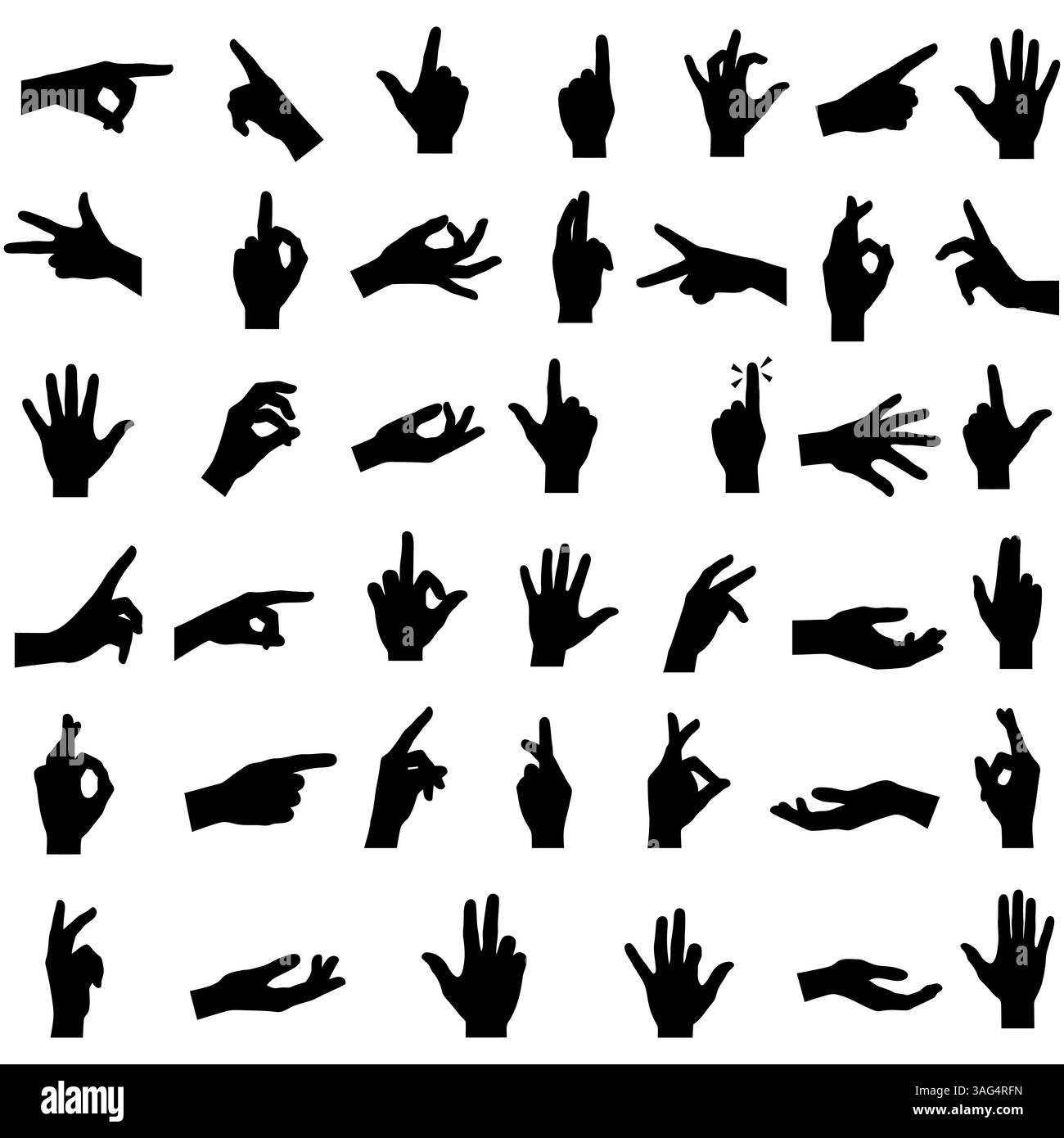 Hand gestures icons. Black silhouettes of various hand gestures ...