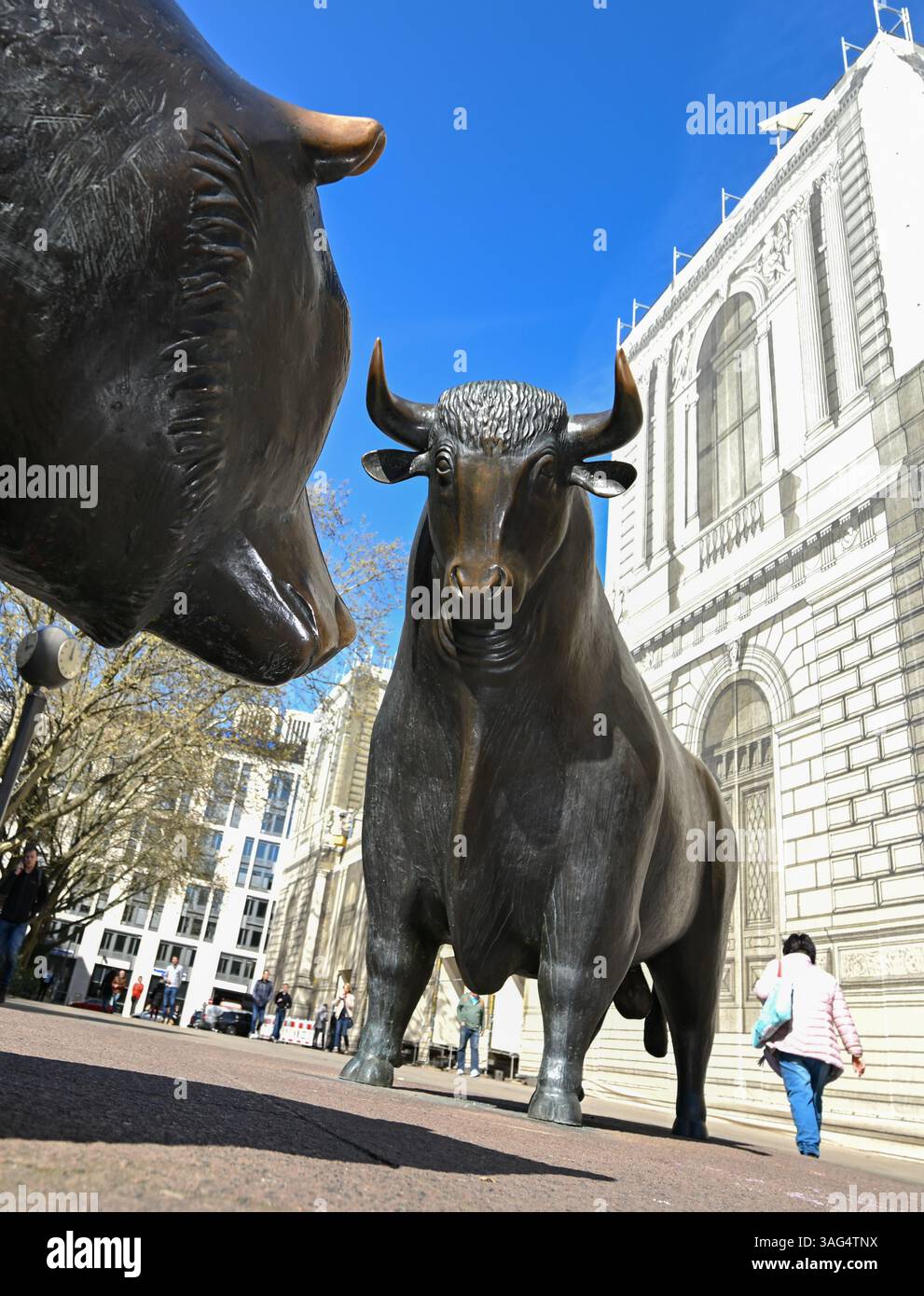 08 April 2025, Hesse, Frankfurt/Main: The bronze figures of the bull (r ...