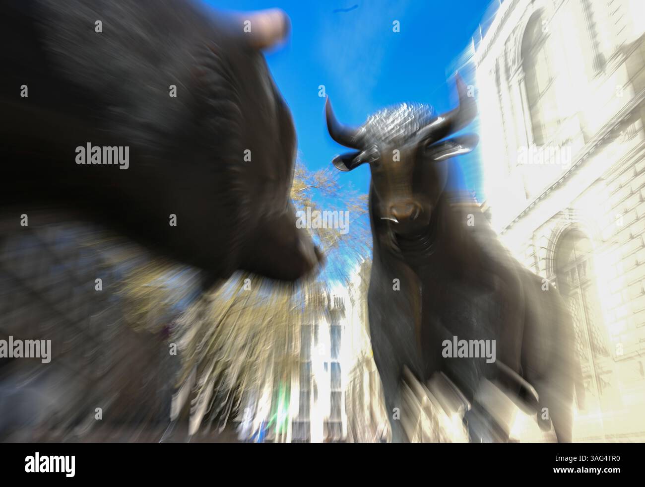 08 April 2025, Hesse, Frankfurt/Main: The bronze figures of the bull (r ...