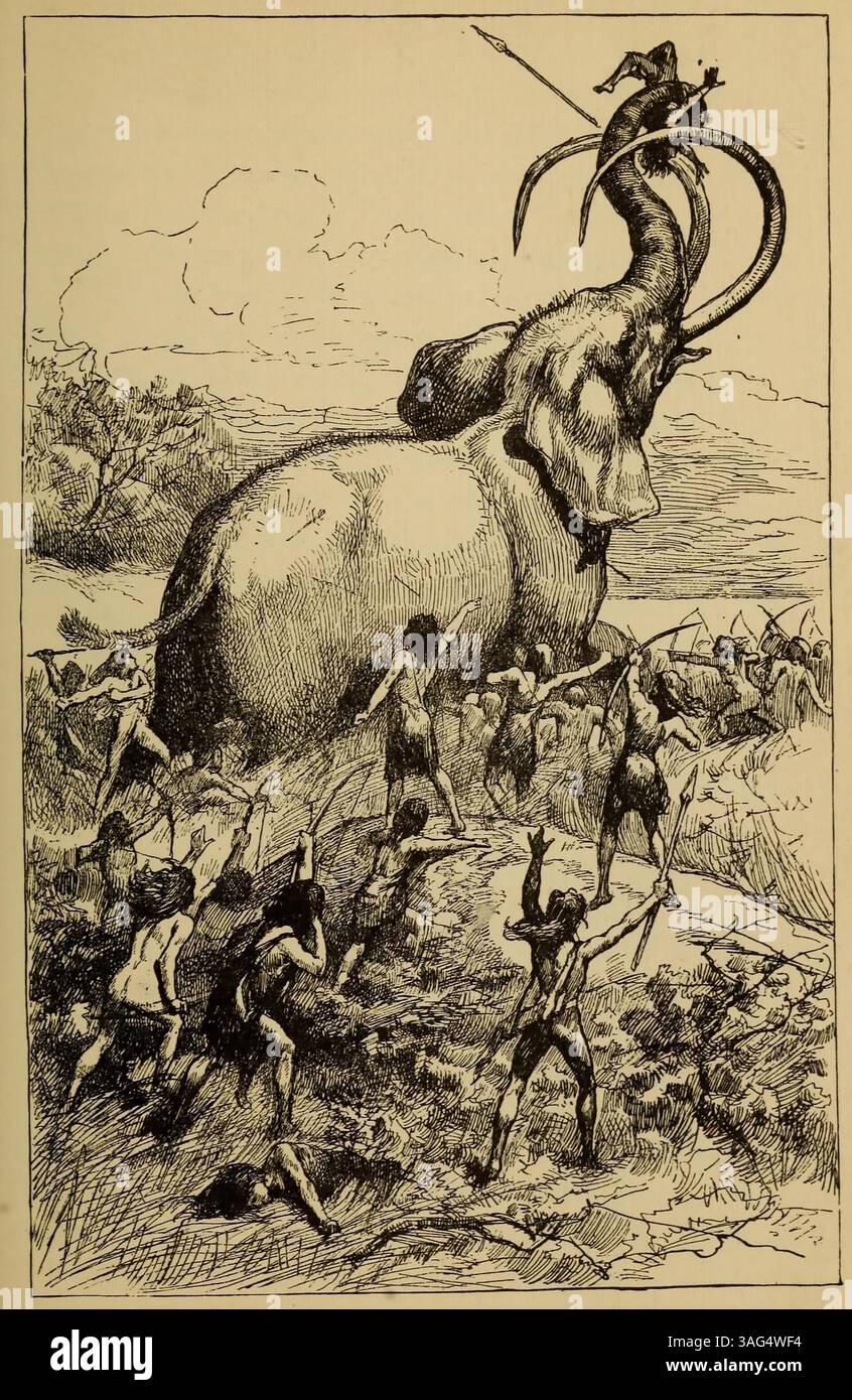 Engraving of a mammoth hunt, published in ,1886 Stock Photo - Alamy