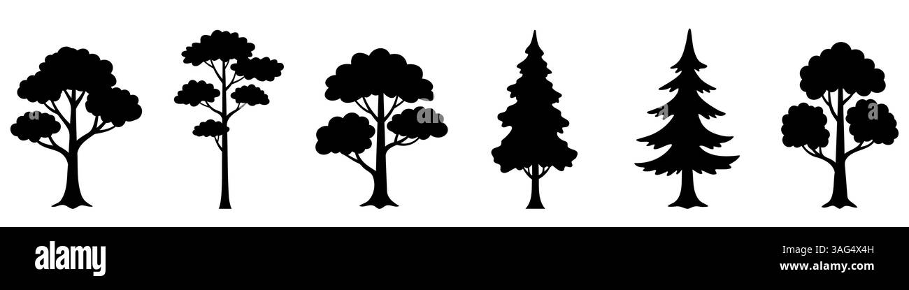 Tree icons. Black tree icons of various shapes isolated on white ...