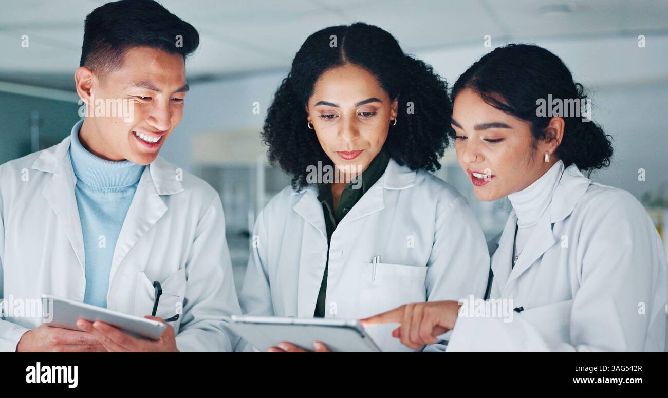Tablet, conversation and scientists in laboratory for medical research with pharmaceutical ...