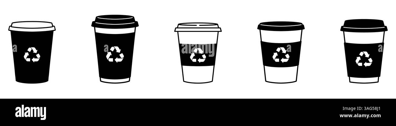 Coffee cup icons with recycling symbol. Black and white coffee cup ...