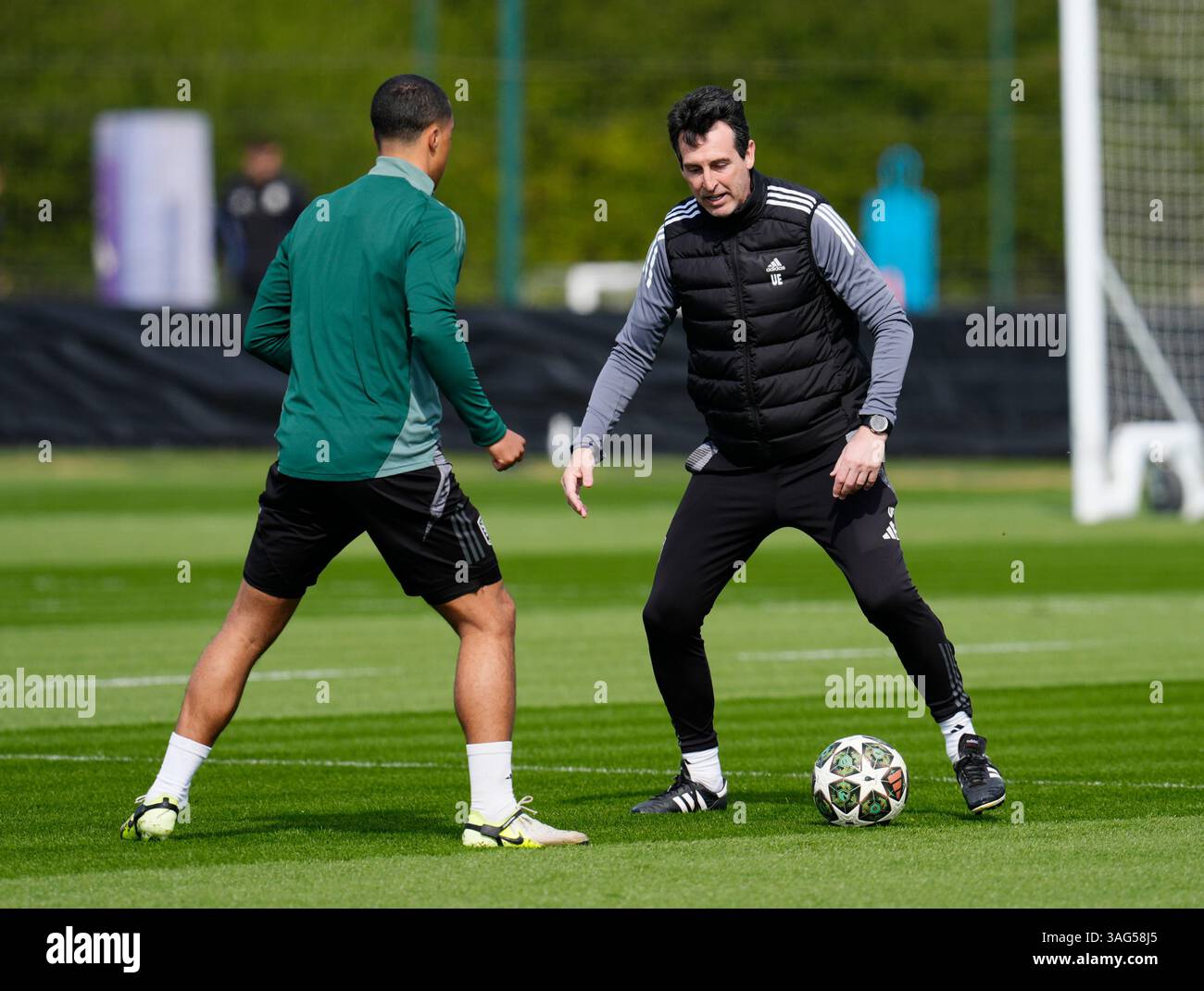 Aston Villa manager Unai Emery (right) and Youri Tielemans during the ...