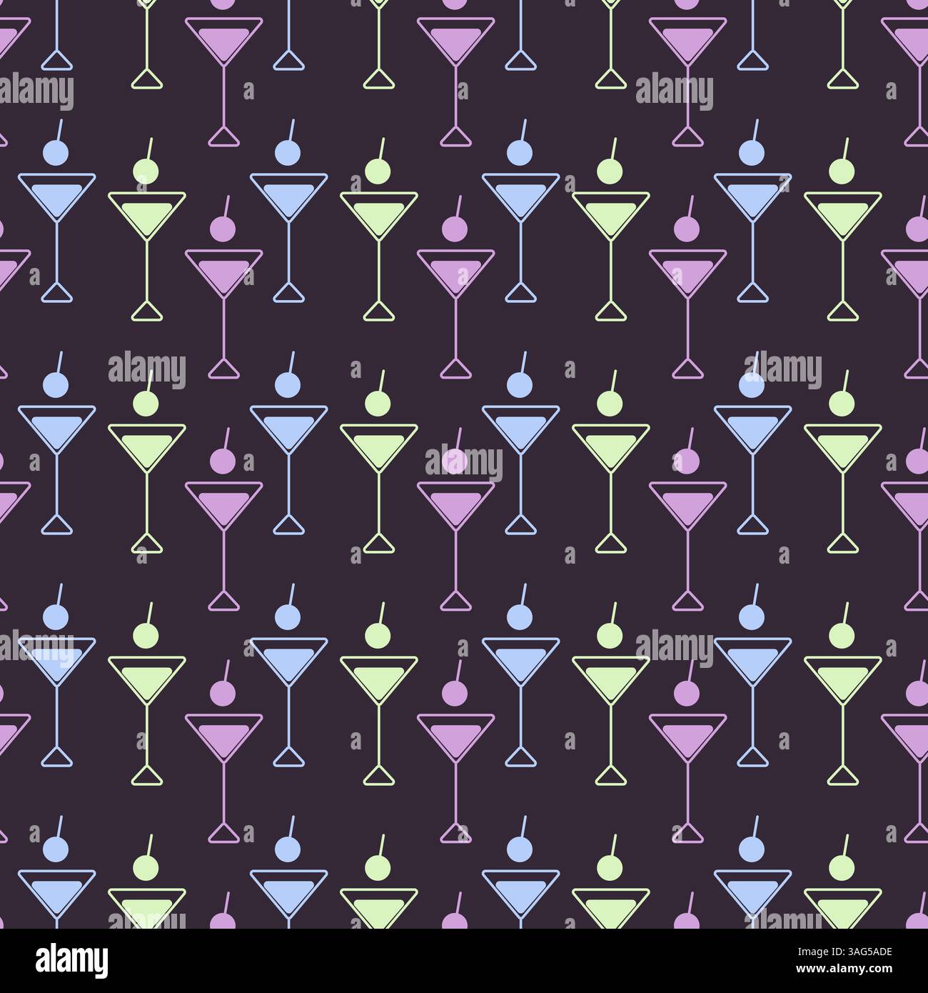 Freehand Martini glasses Seamless Pattern Trendy Pink Light Green blue ...