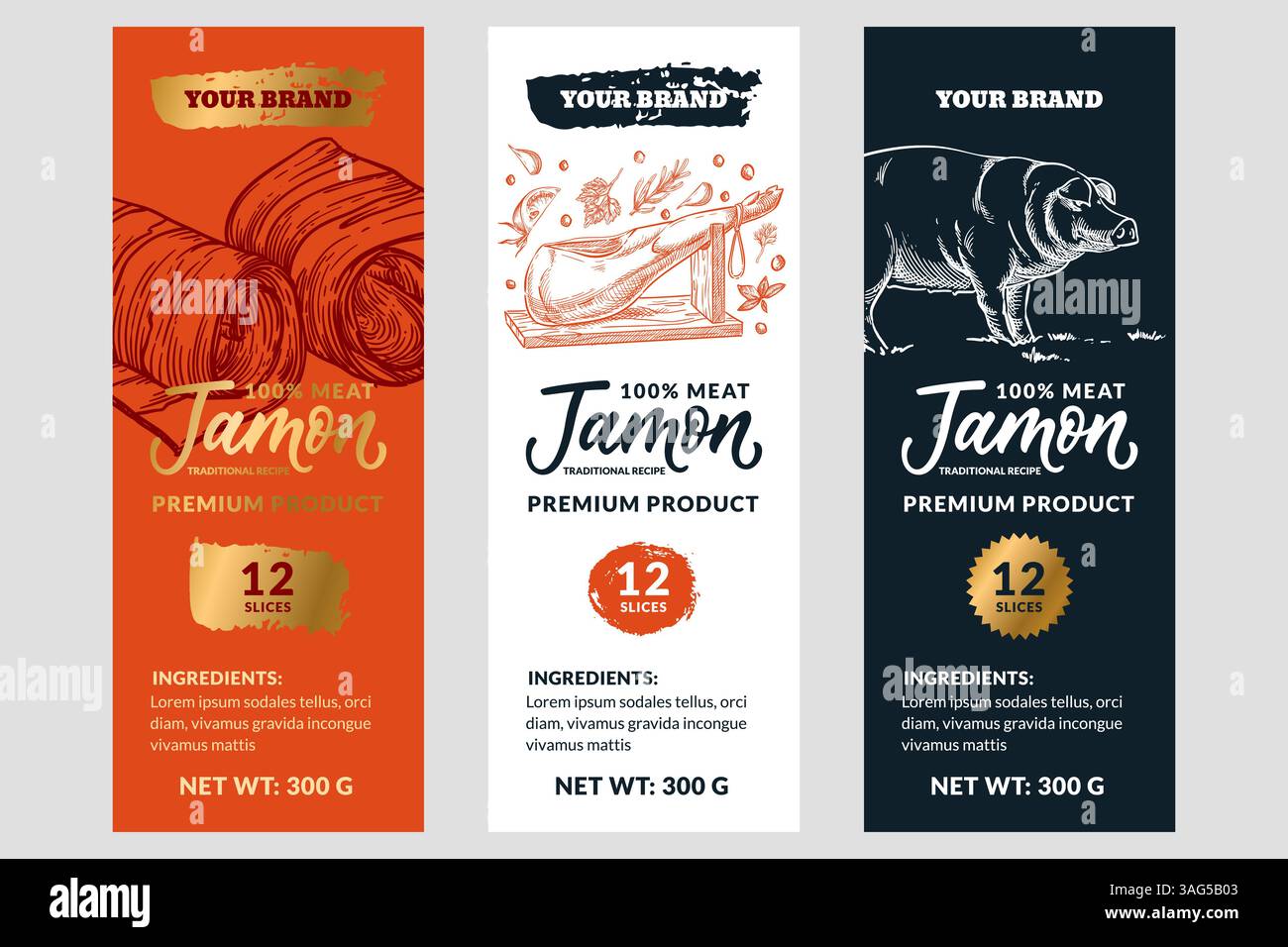 Set of jamon package label design elements. Vector hand drawn sketch ...