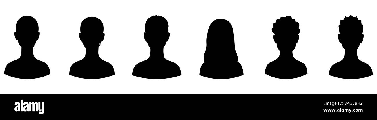 Set of six black silhouette avatars representing diverse head shapes ...